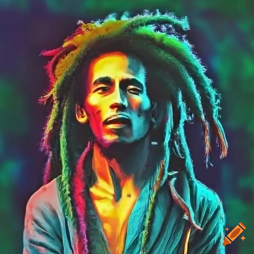 Colorful portrayal of bob marley in a tesla on Craiyon