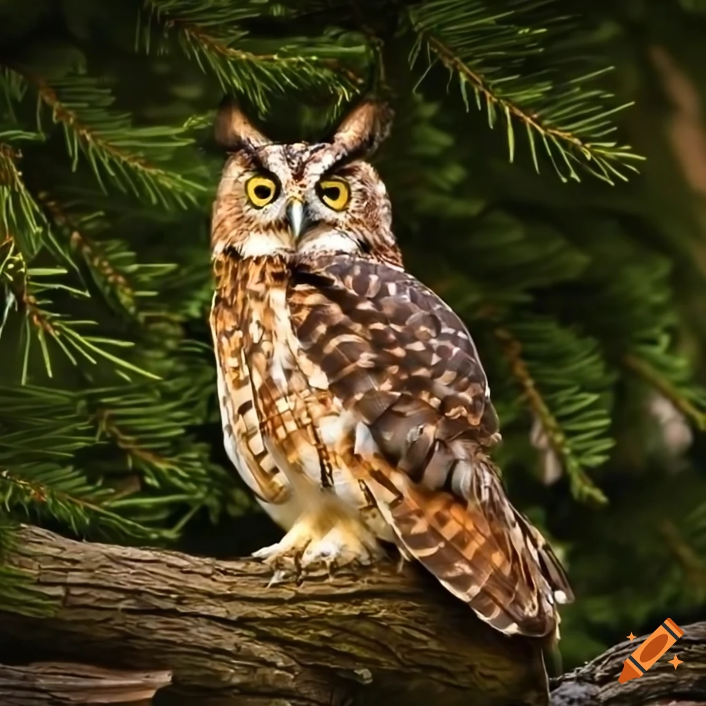 Owl perched in a fine fir tree on Craiyon