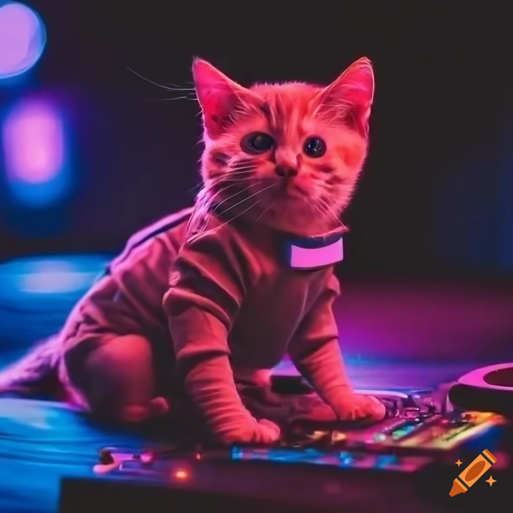 Adorable kitten in a dj outfit on a cruise ship surrounded by neon lights on Craiyon