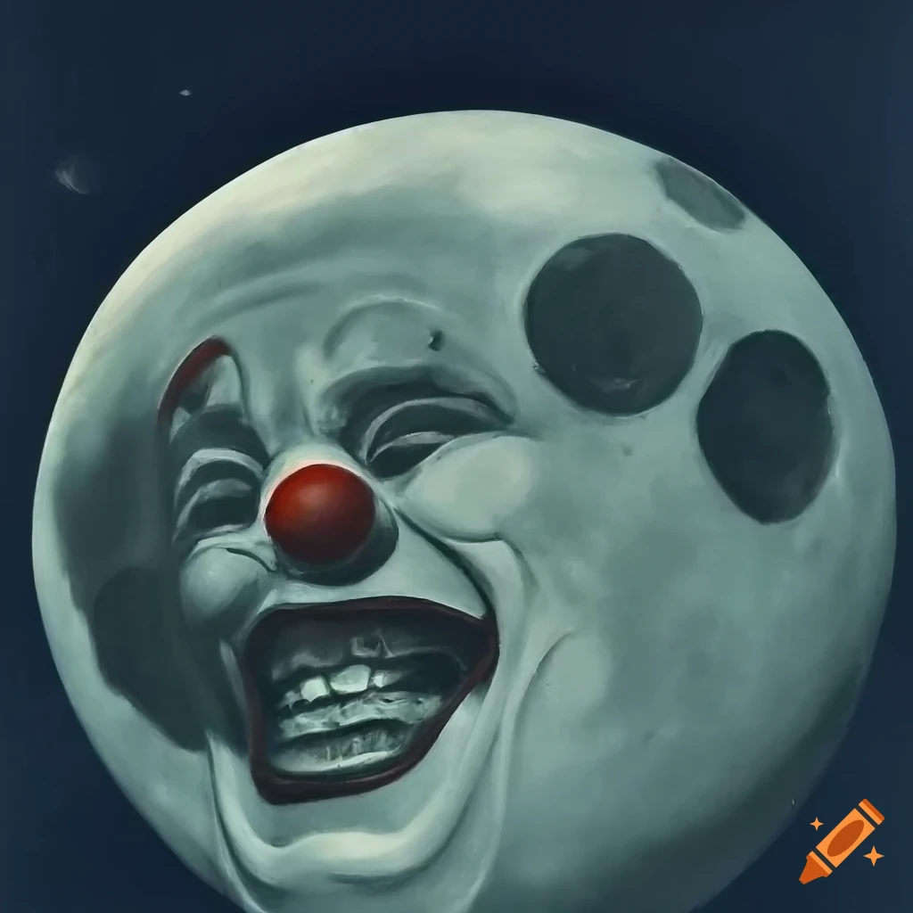 Clown laughing in fetal position under the moon in art deco painting on ...