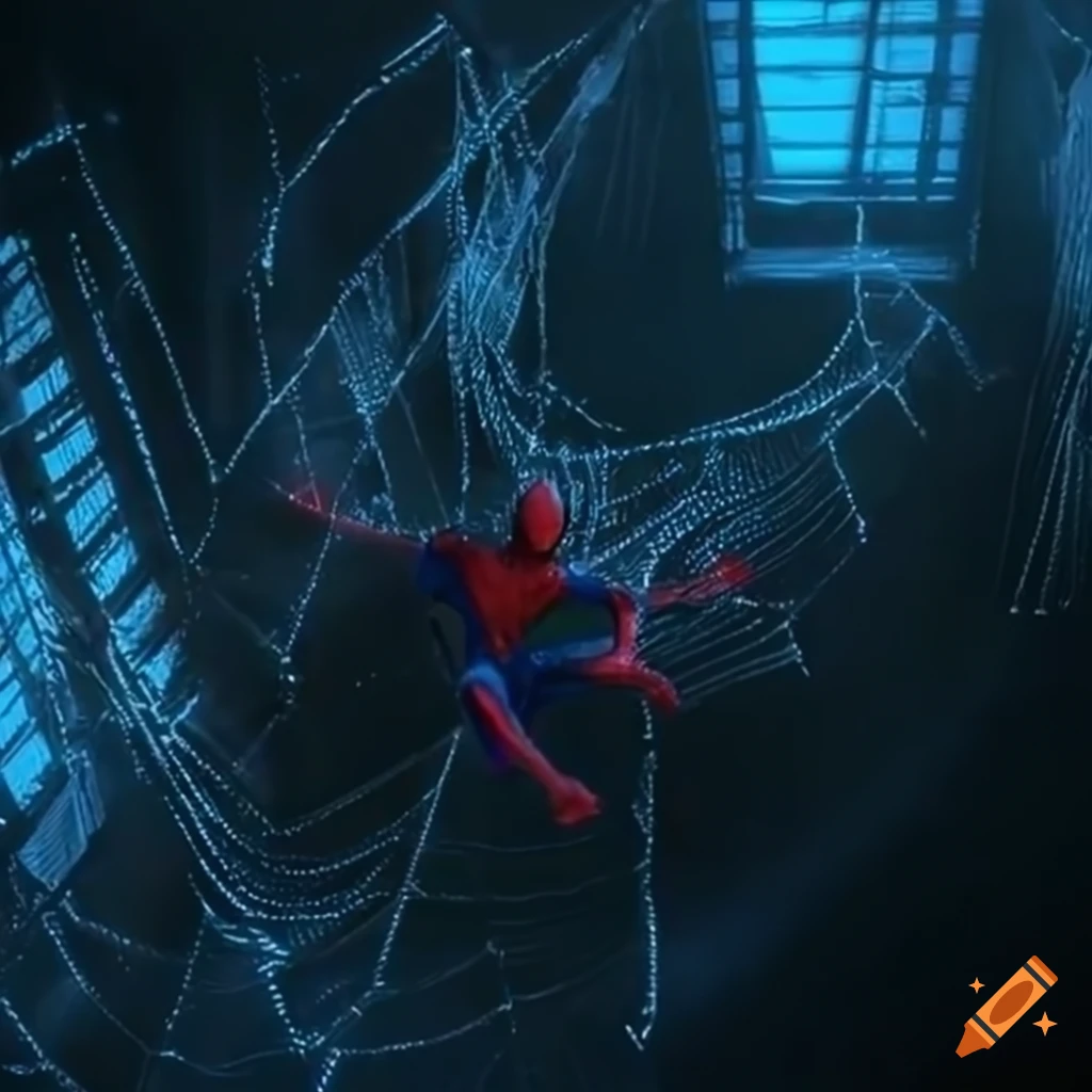 Spiderman swinging through a dark, cobweb-covered science lab towards a glowing portal on Craiyon