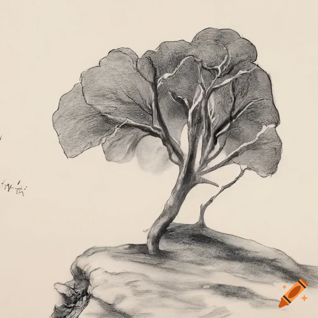 Pencil drawing of a ginko tree on a cliff with a chinese painting ...