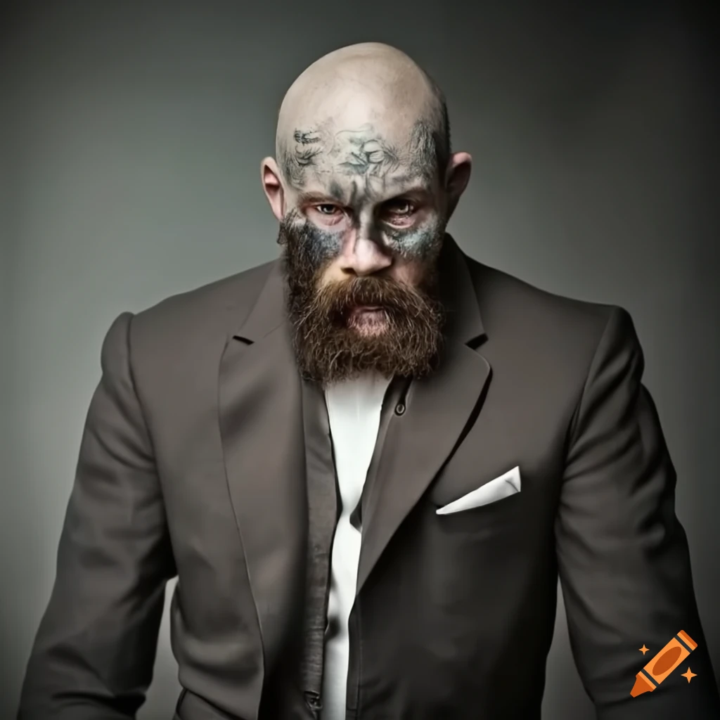 Mature bald man in a three piece suit standing in a prison setting on ...