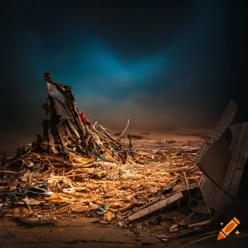 Person entangled in junk garbage web in a dramatic destroyed landscape ...