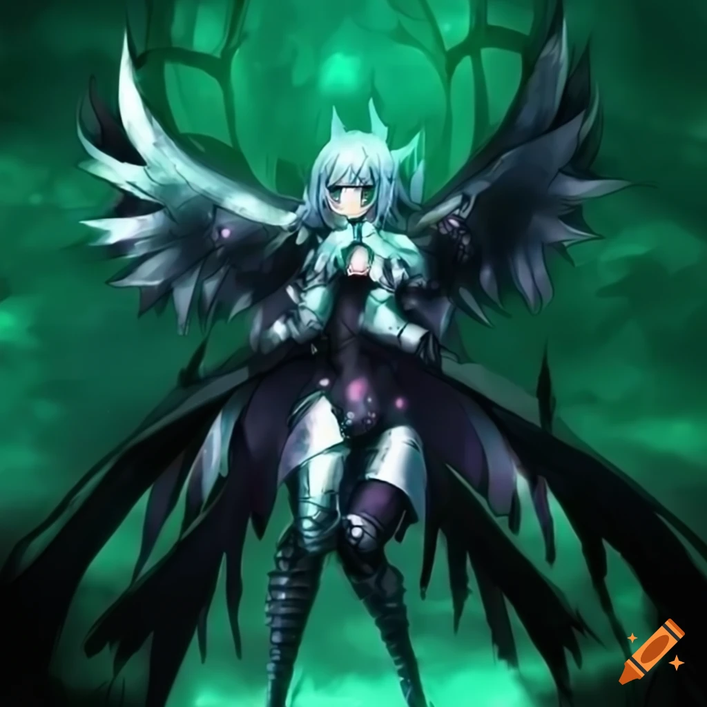 Anime character in demon knight overlord armor against a ghostly green ...