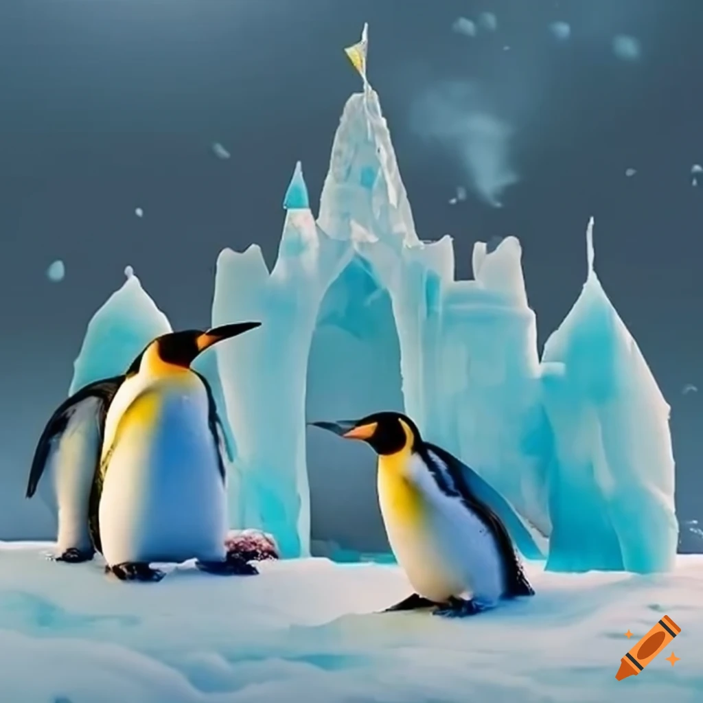 Ice castle filled with penguins on Craiyon