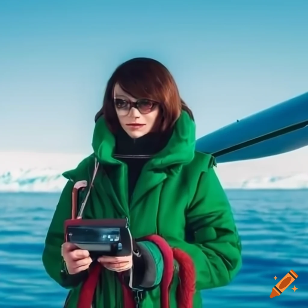 Female tv reporter standing next to a pilotless plane in antarctica on ...