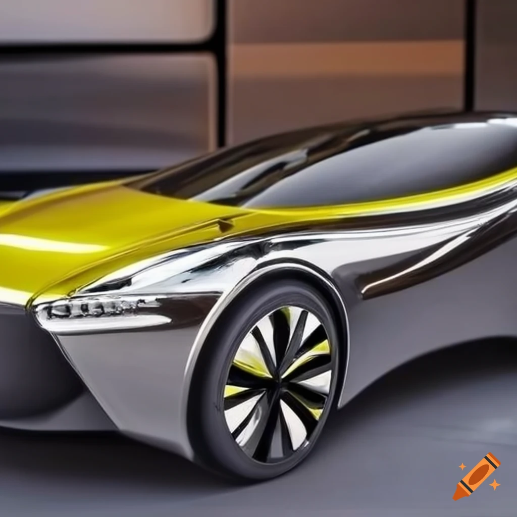 Yellow and black concept car with chrome and stainless steel in motion ...