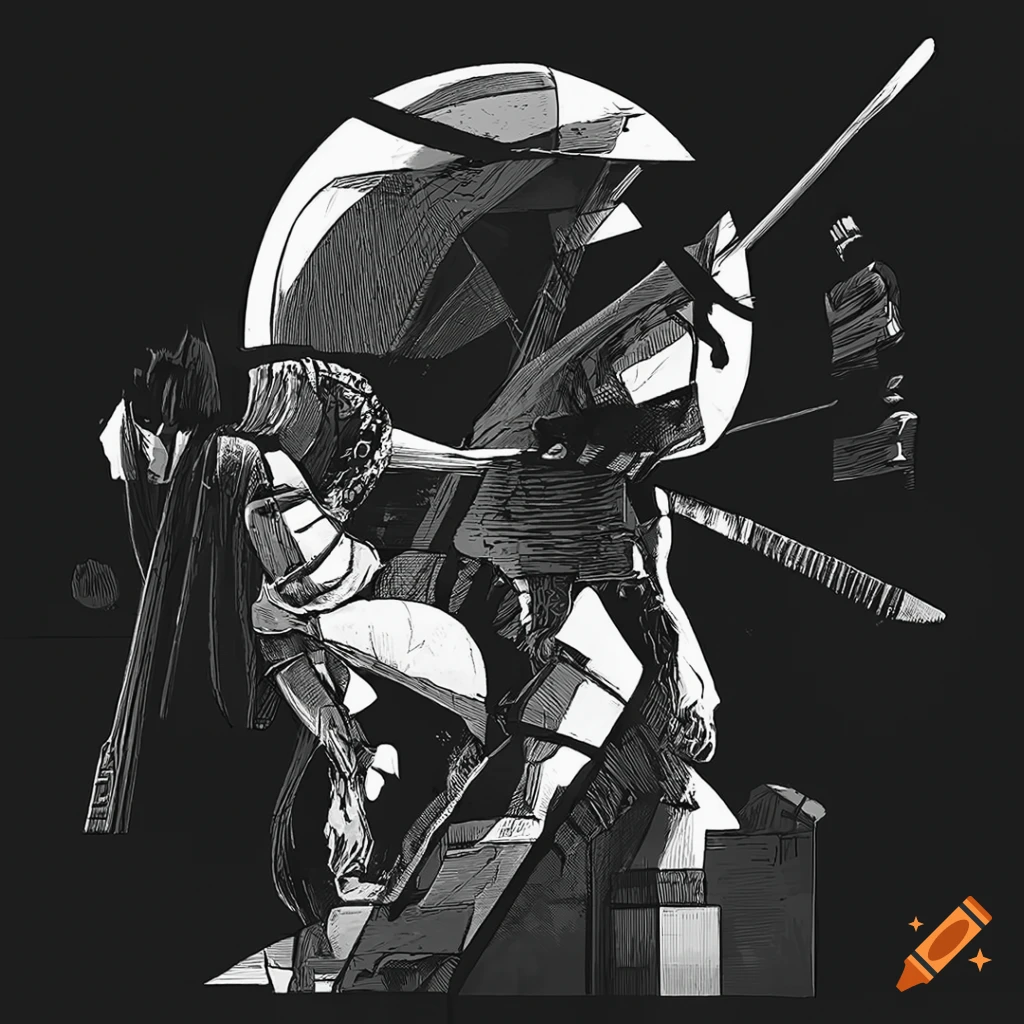 Ancient yet futuristic black and white angular illustrations of ...