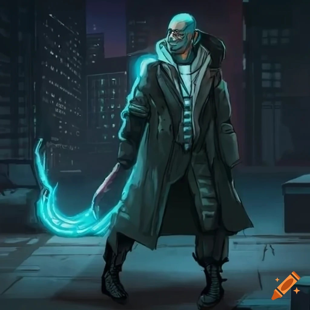 Shadowrun technomancer walking down a city street on Craiyon