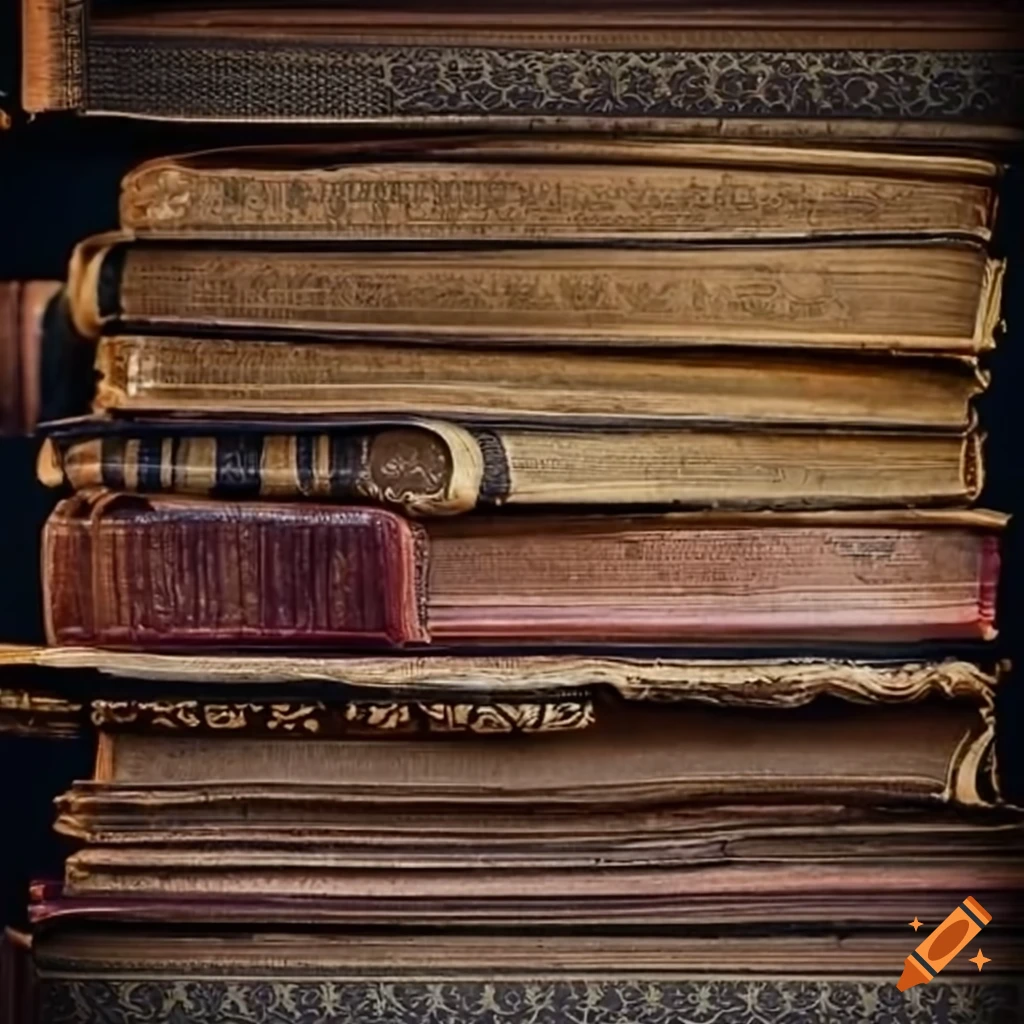 Stack of intricately decorated vintage books with finely detailed page ...