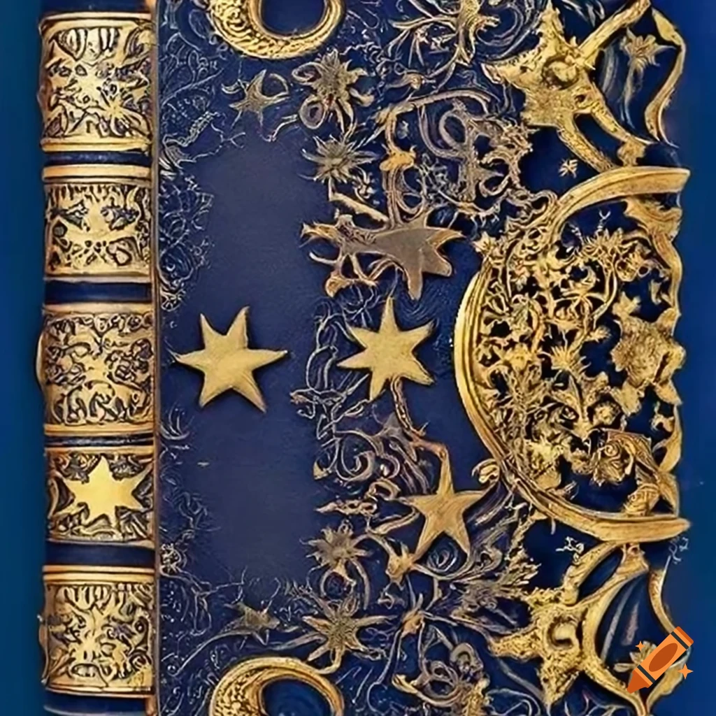 Intricately embossed deep dark blue leather book with celestial motifs ...