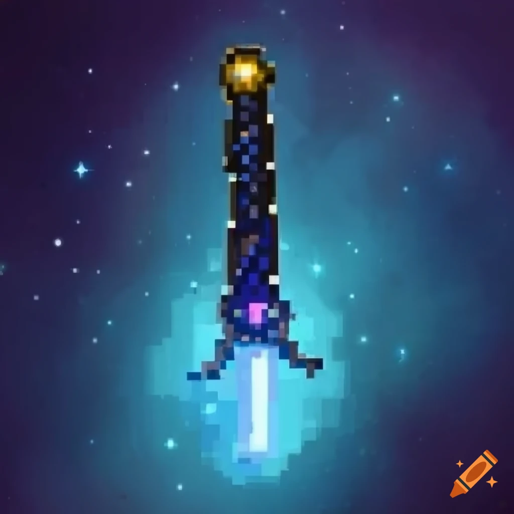 Nebula and stardust imbued sword in pixel art style on Craiyon