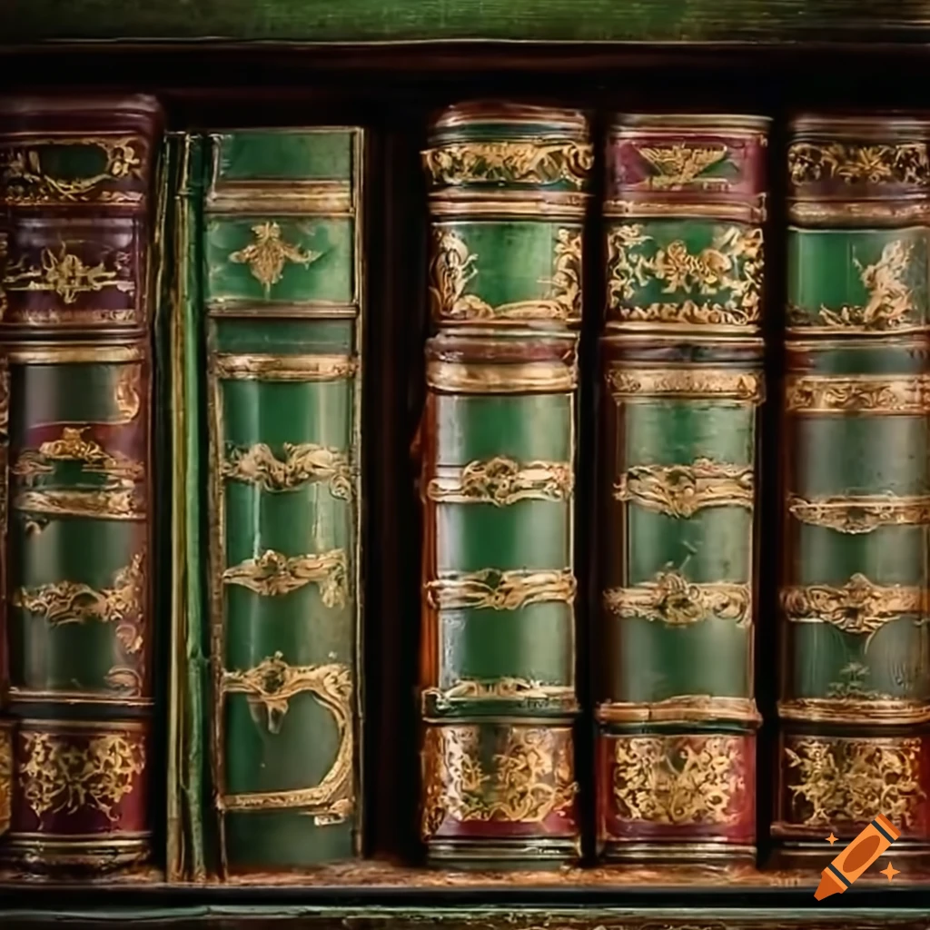 Row of intricately decorated vintage green books with full spines on ...