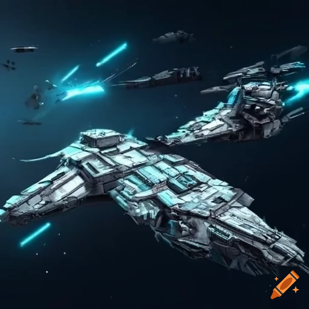 Futuristic military fleet engaged in space battle on Craiyon