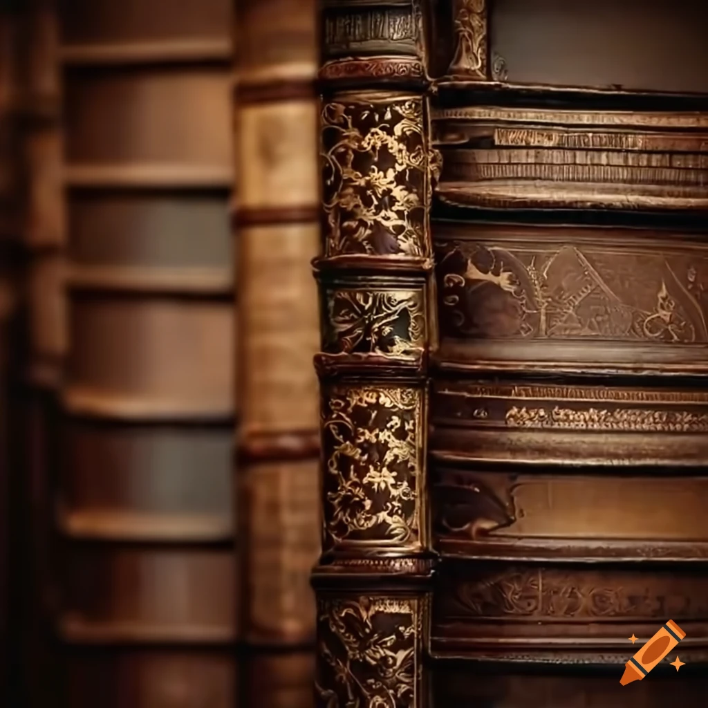 Row of intricately decorated antique vintage books with full spines on ...