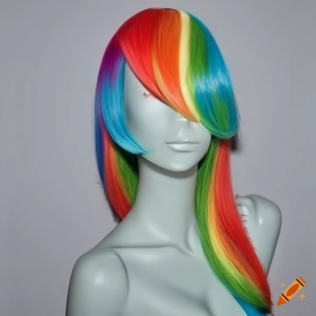 Colorful rainbow dash straight slick wig on a mannequin on Craiyon