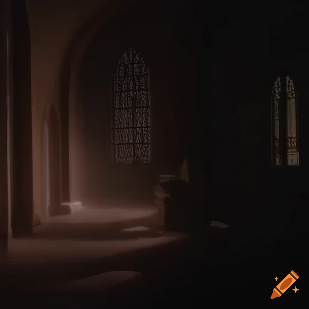 Church back rooms with volumetric soft glowing mist and stained glass ...