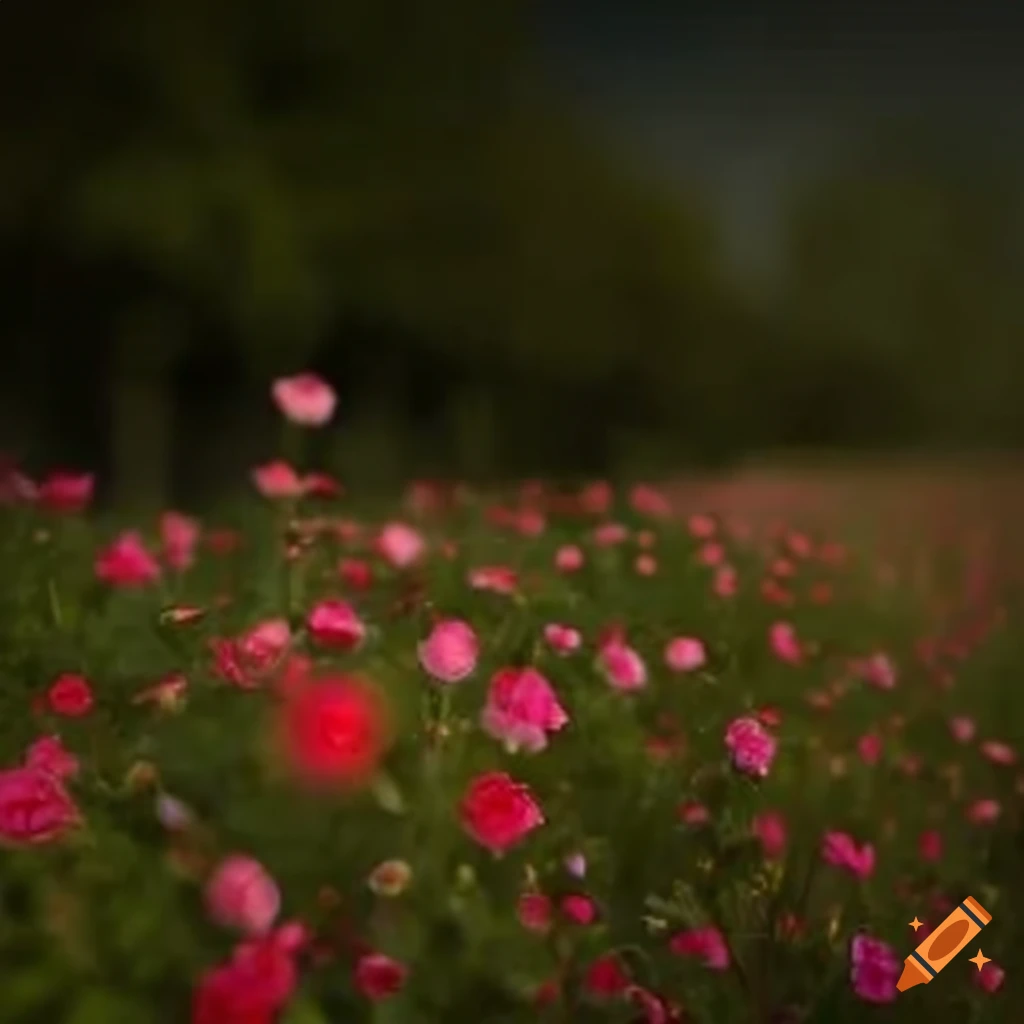 Field of roses and other beautiful flowers in a valley with a small ...
