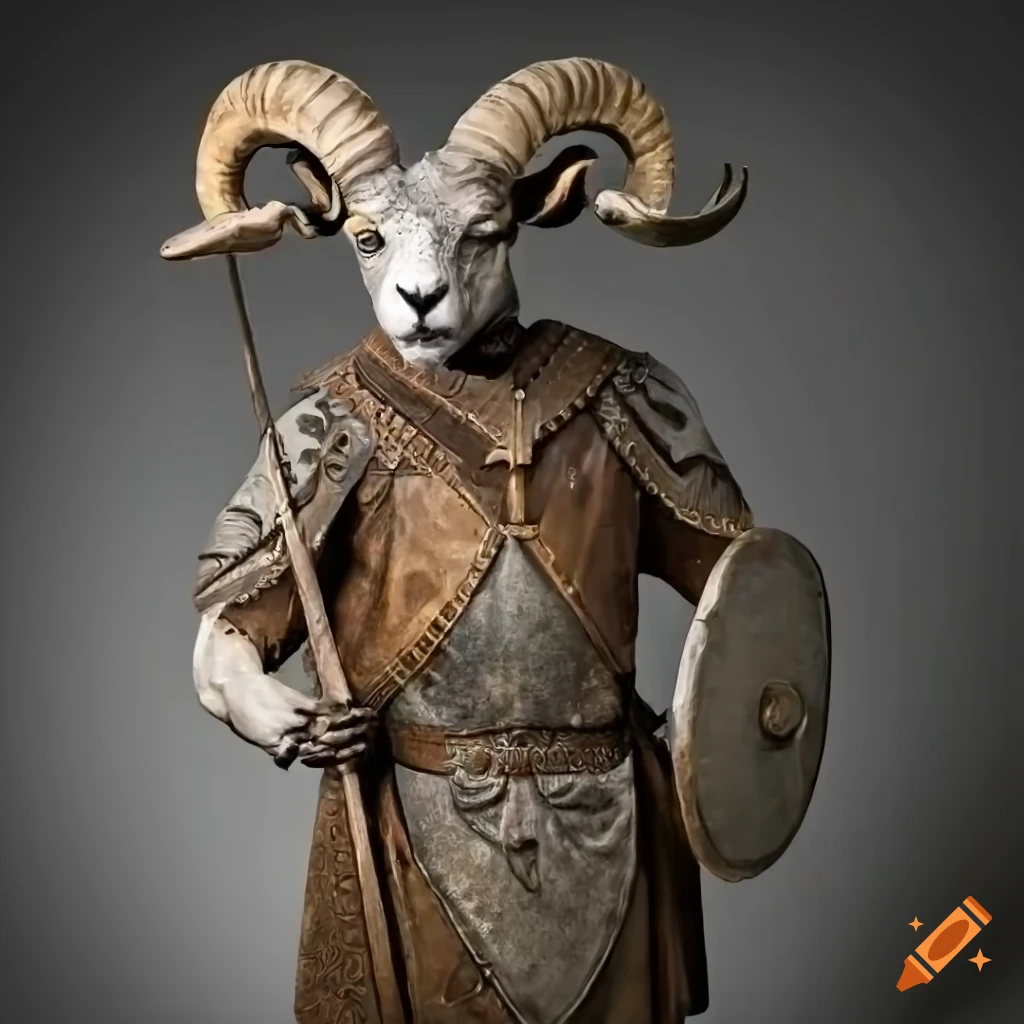 Anthropomorphic ram with shepherd's crook and shield in battle stance ...