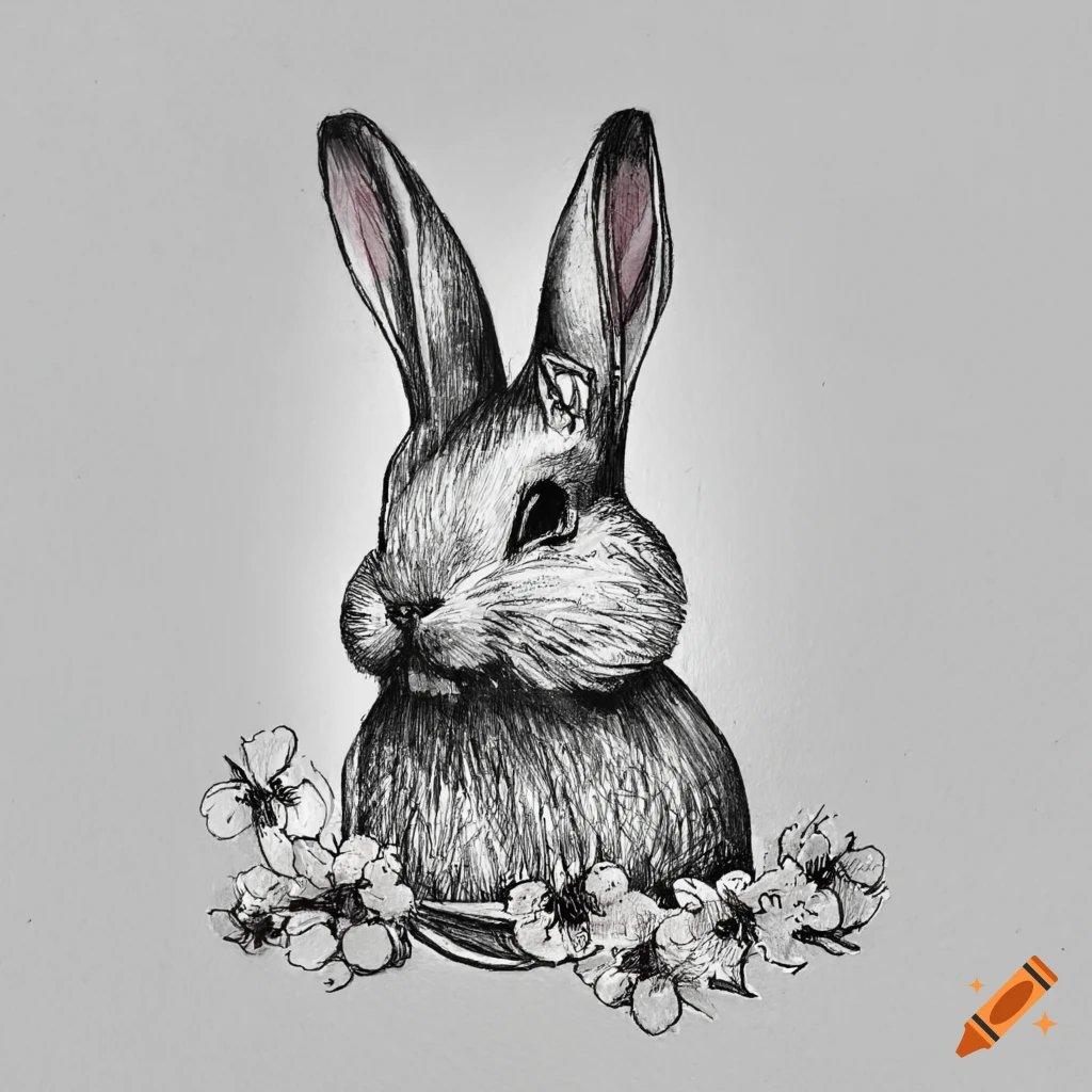 Easter bunny in apricot blossom wreath in line drawing on Craiyon
