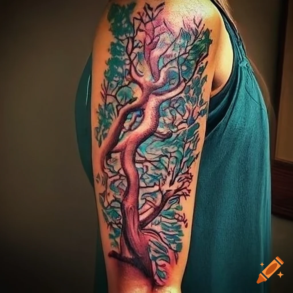Colorful tree tattoo on arm and shoulder on Craiyon