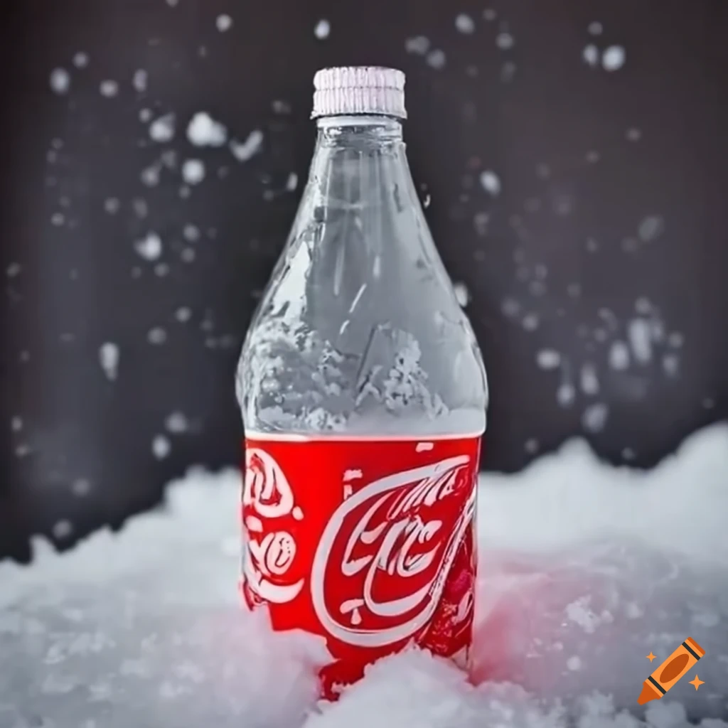 Clear plastic soda bottle with coke branding filled with snow on Craiyon