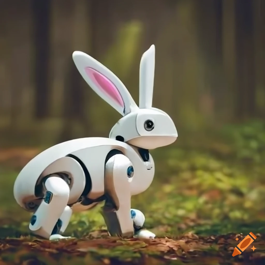 Robot rabbit in the forest working in its home on Craiyon