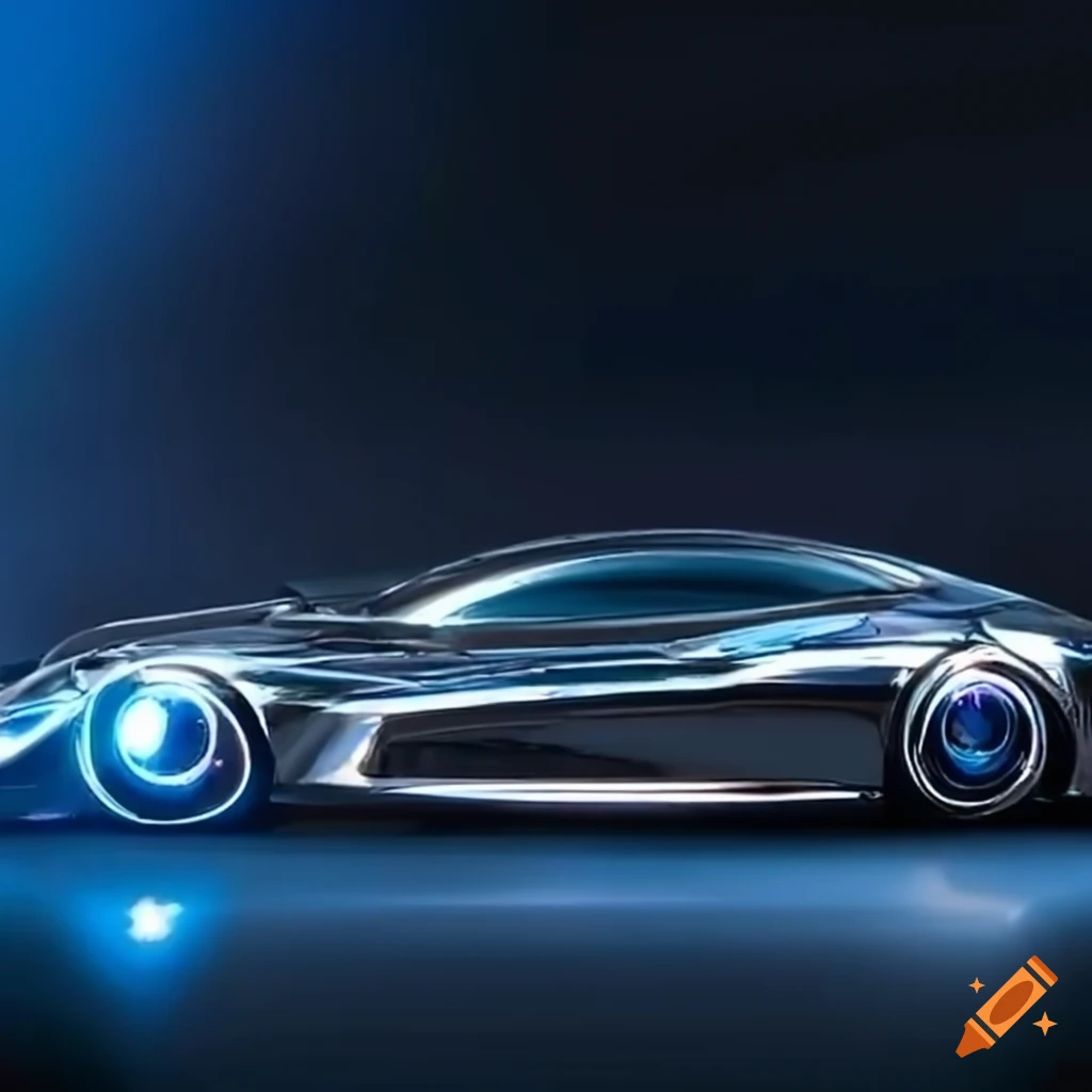 Sleek chrome car with vivid details speeding ahead on Craiyon