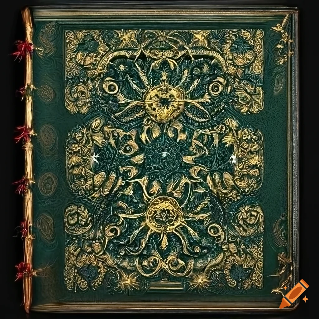 Dark green leather book with celestial motifs of stars and angels on ...