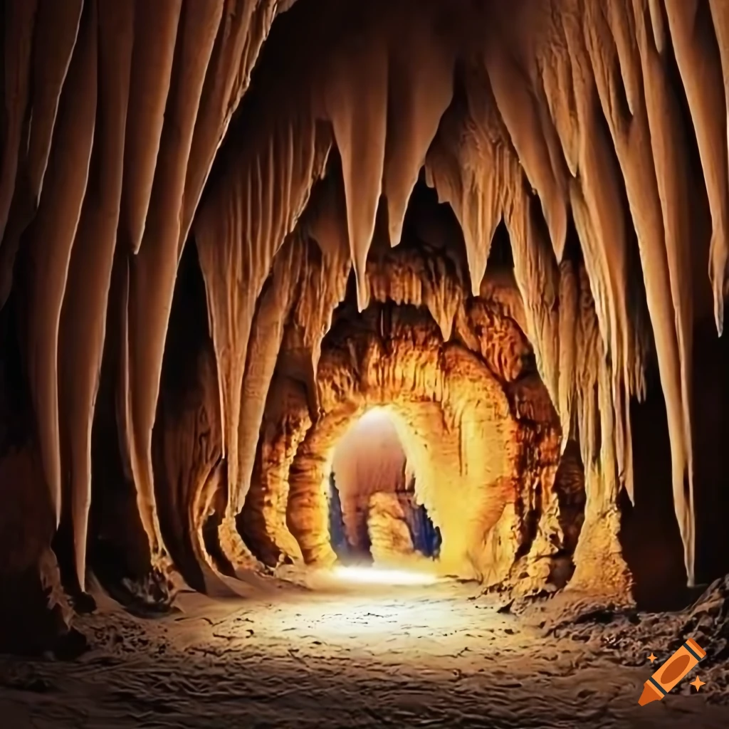 Cave hallway with sharp geological features and stalactites on Craiyon