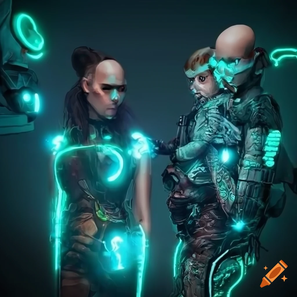 Digital illustration of a biopunk family in a futuristic biopunk ...