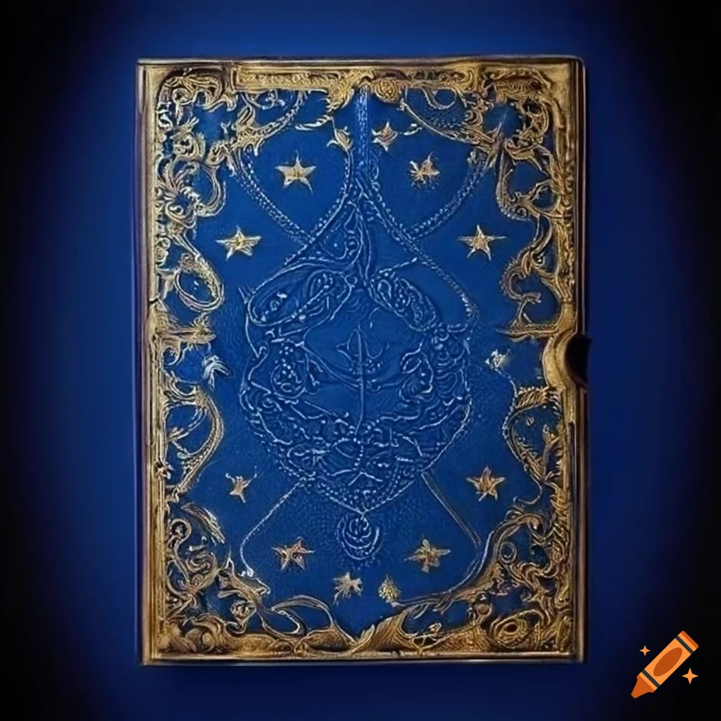 Deep blue leather book with celestial motifs of stars and angels on Craiyon