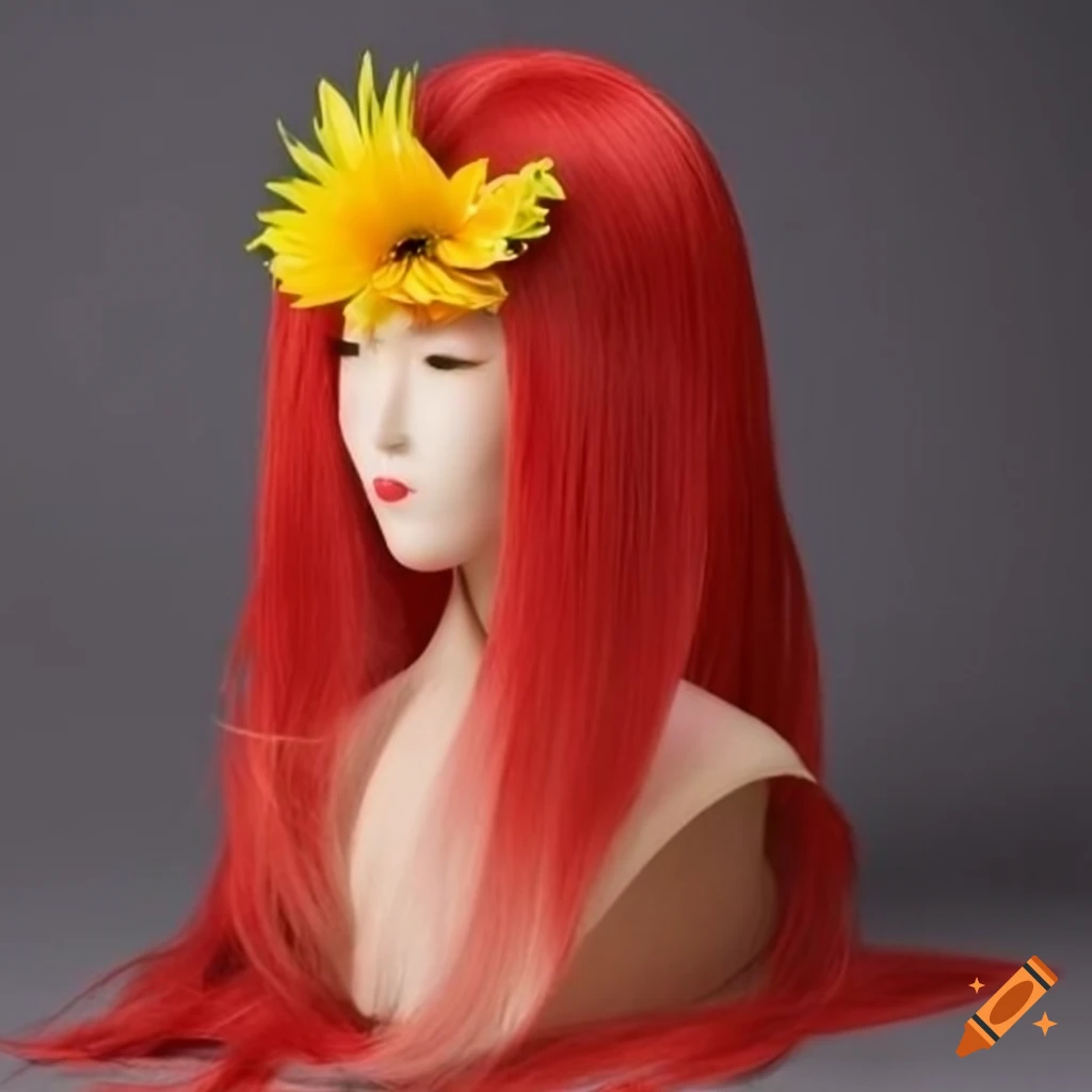 Red japan wig with tropical yellow flower on Craiyon