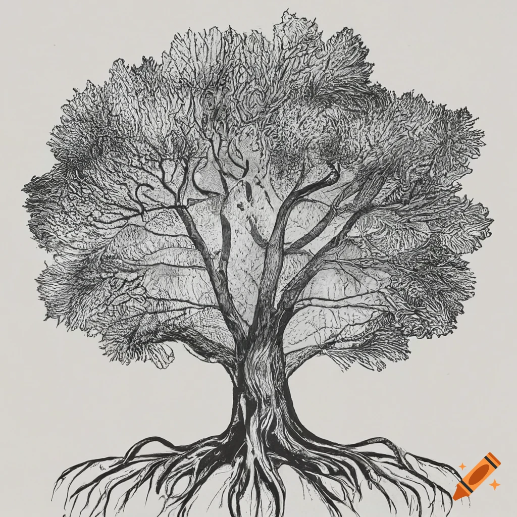 Greyscale pencil drawing of a tree with roots and stylized leaves ...