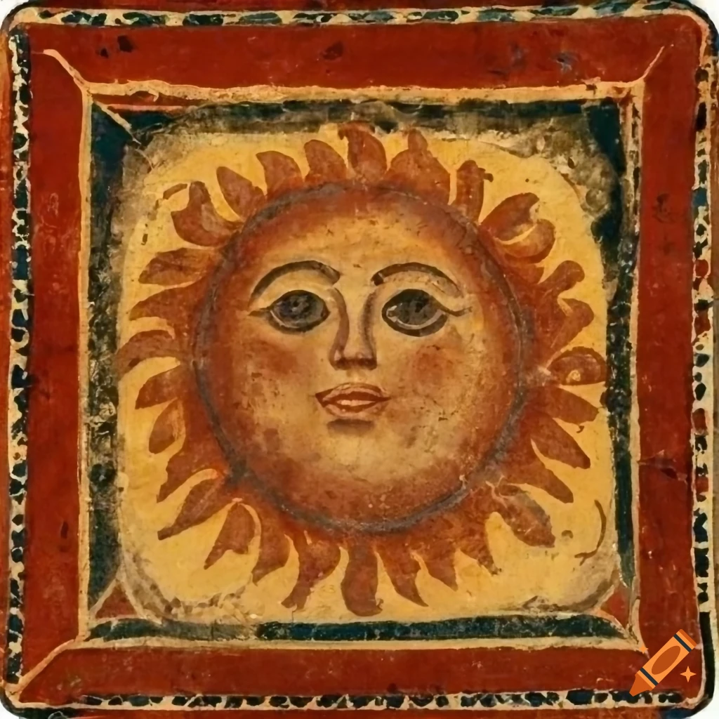 Smiling sun in the center of a romanesque fresco on an album cover on ...