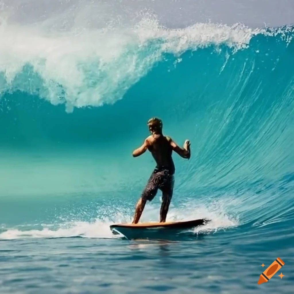 Male surfer riding a wave under the sun on Craiyon