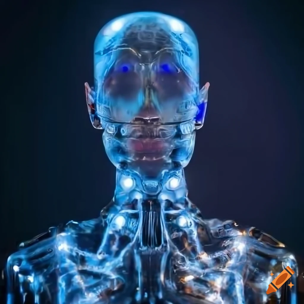 Transparent skinny glass male cyborg with white led lights on Craiyon