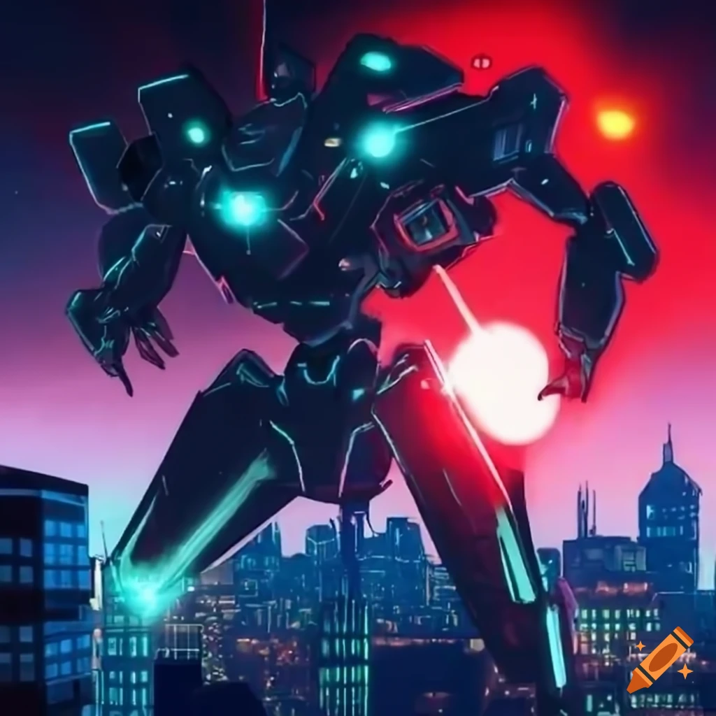 Mecha flying over a city with a laser in anime style on Craiyon
