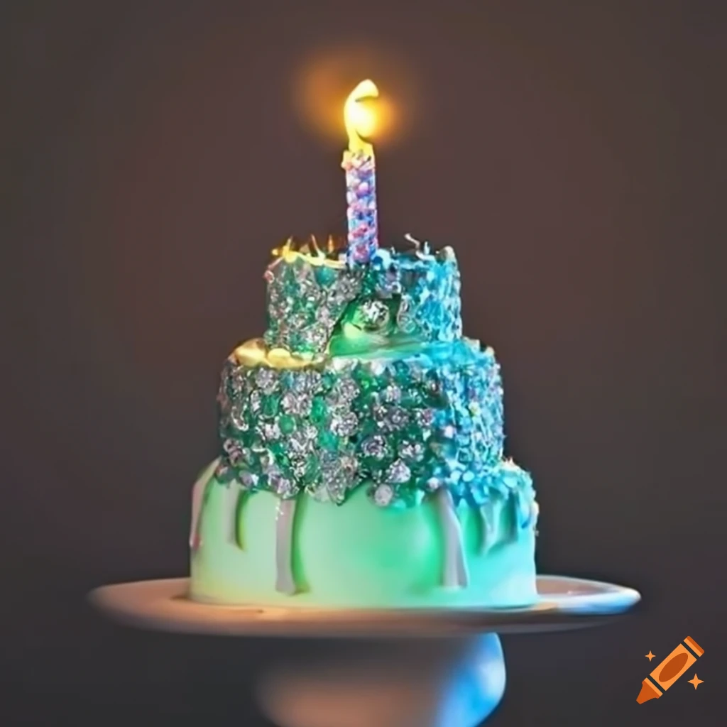 Glowing birthday cake with diamond decorations on Craiyon