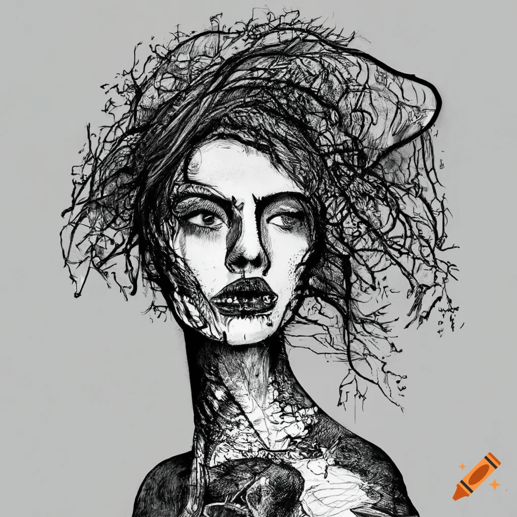 Monochrome ink drawing of a woman with two faces and twisted features ...