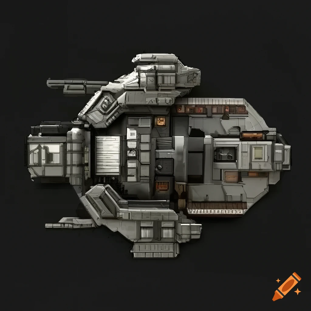 Top-down view space ship in a dark sci-fi style on Craiyon