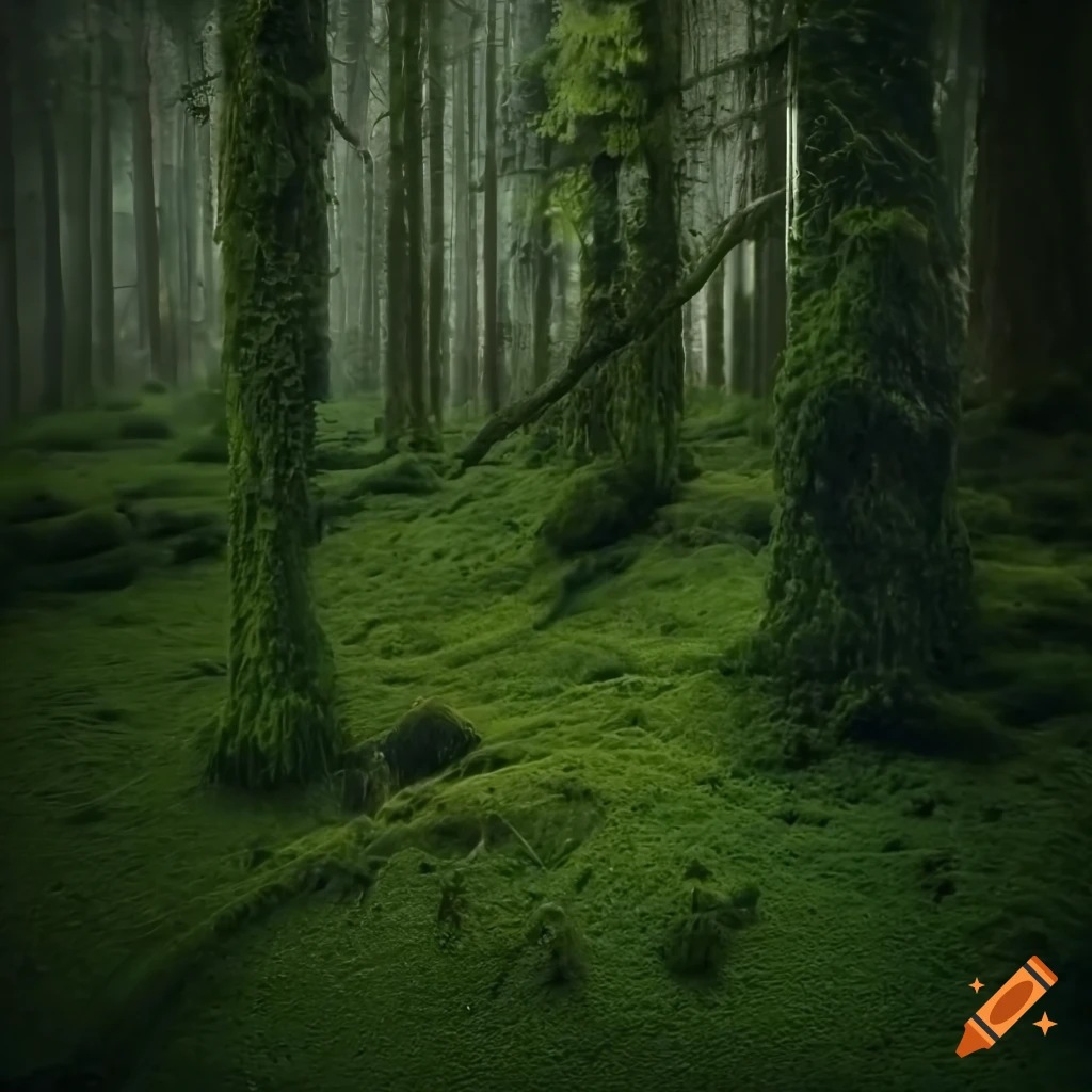 Deep, ancient north american forest with moss-covered ground and ...