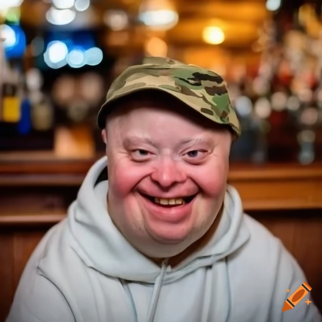 Man with down's syndrome smiling wearing a camouflage cap and white ...