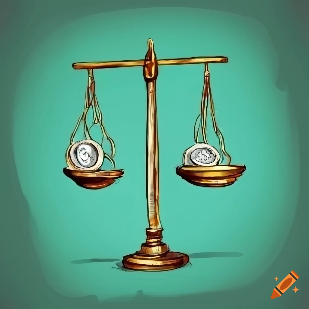 Hand-drawn coins on balance scales against teal green background on Craiyon