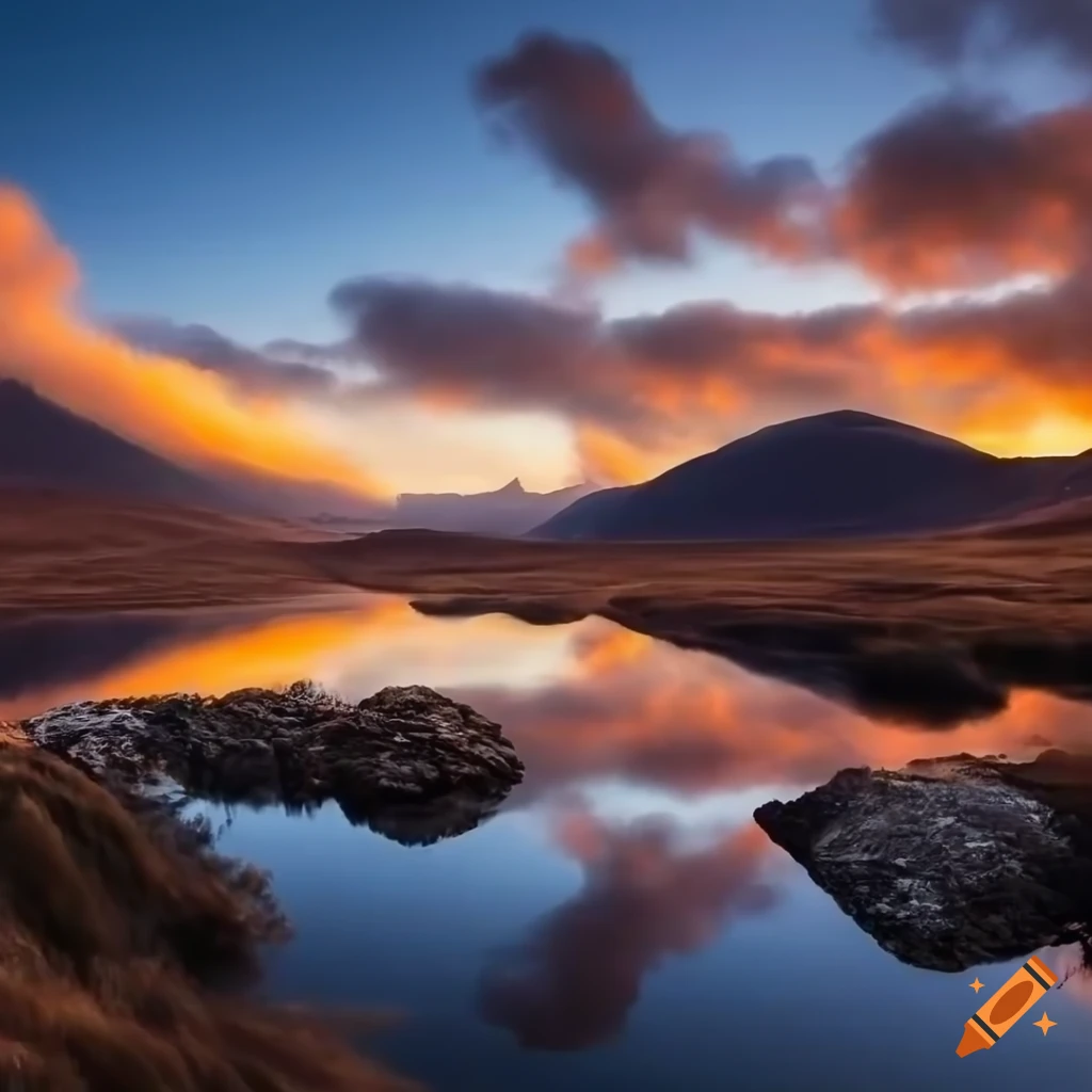 Rugged Scottish highland landscape with mountains, sunrise, and streams ...