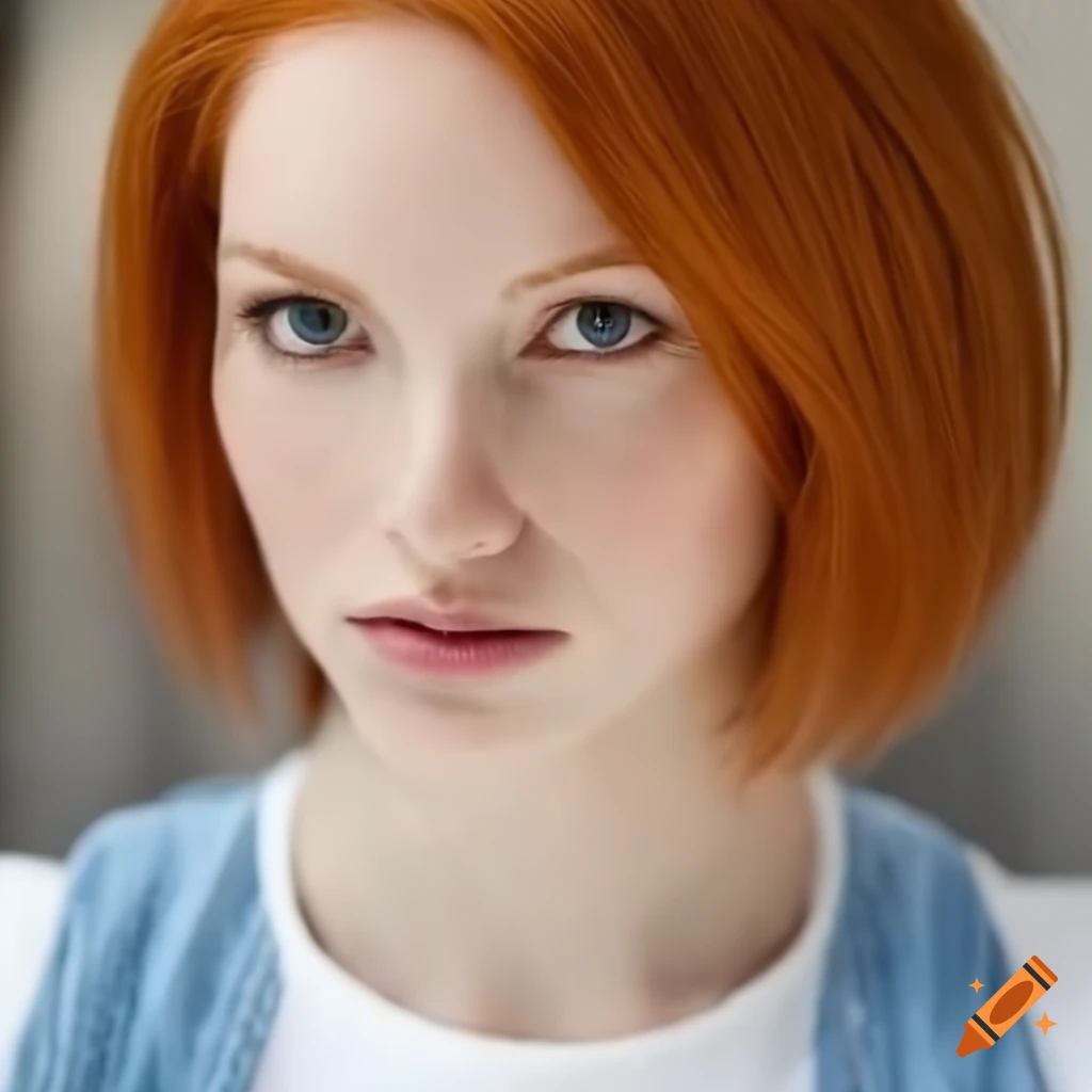 Beautiful 25 year old woman with ginger bob hair in serious pose on Craiyon