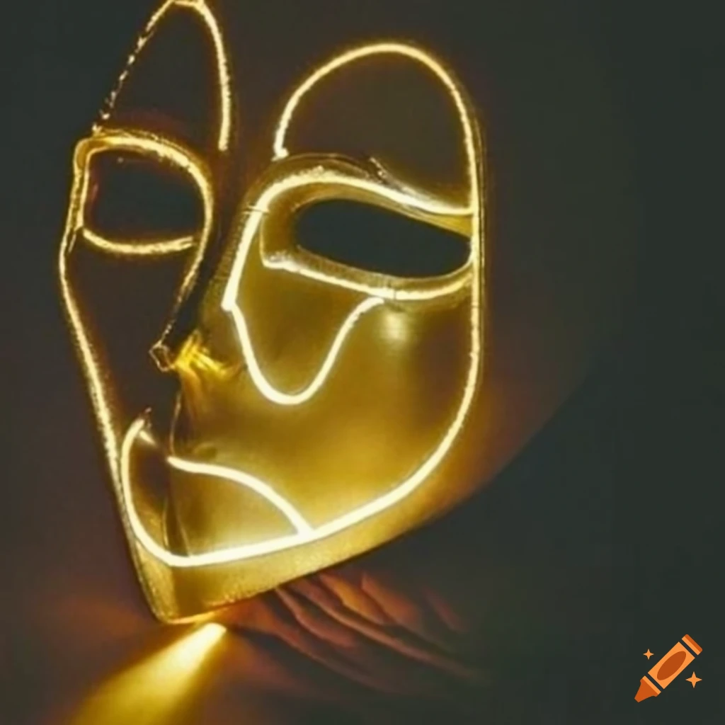 Golden luminous mask in dark fantasy art captured with analog ...
