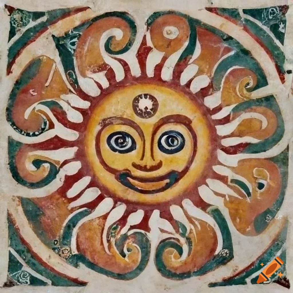 Central smiling sun in a romanesque fresco album cover on Craiyon