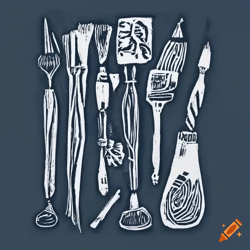 Linocut print of tools on Craiyon
